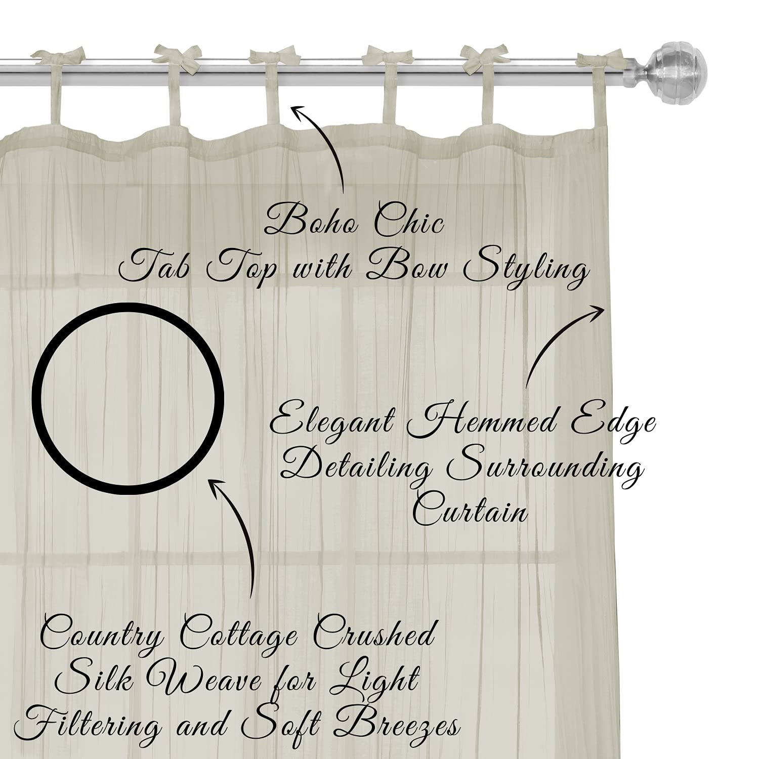 Elrene Home Fashions Greta Crushed Sheer Tie Tab Top Teen Kids Single Window Curtain Drape, 50 in x 108 in (1 Panel), Ivory