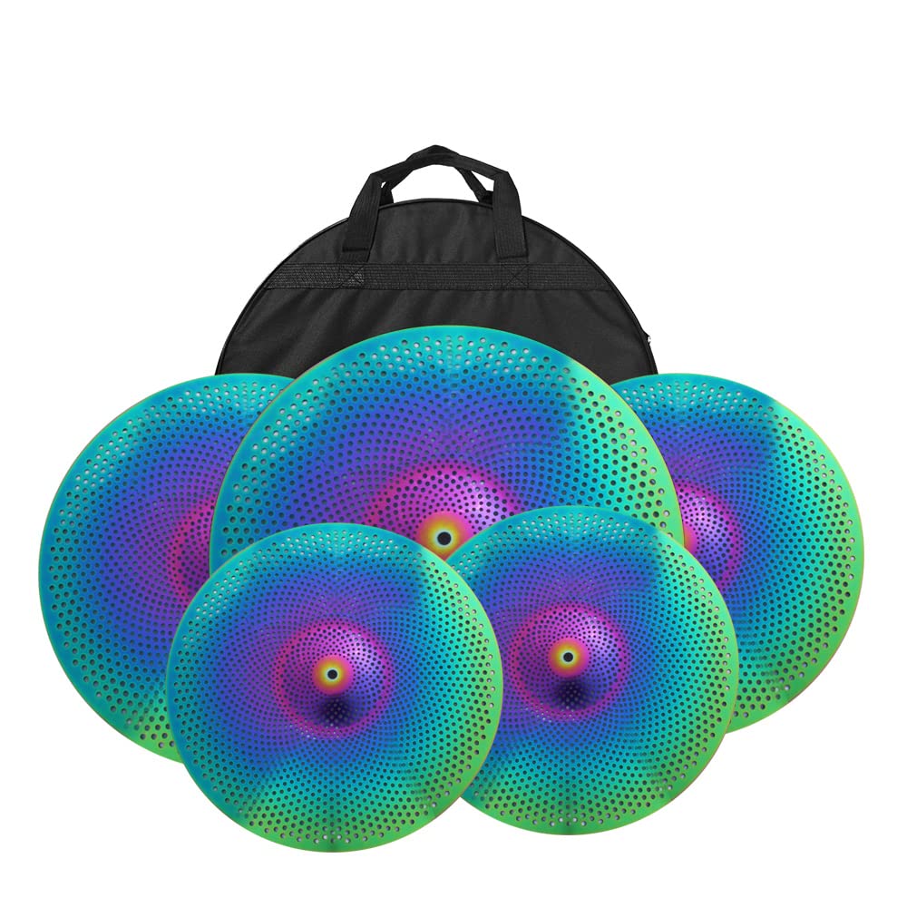 Low Volume Cymbal Quiet Drum Practice Cymbal Pack 14"Hihats 16"Crash 18"Crash 20"Ride 5 Pieces Plus Cymbal Bag for Drummer (Rainbow)