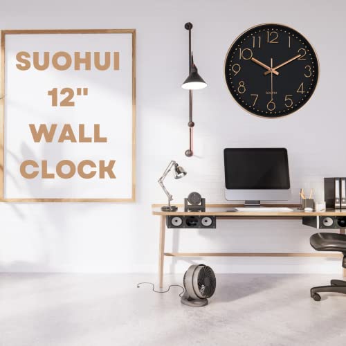 SUOHUI 12 Inch Silent Wall Clock Non-Ticking Modern Style Wall Clocks Battery Operated for Home/Bedroom/Office/Classroom/School/Living Room Decor(Golden Frame Black Dial)