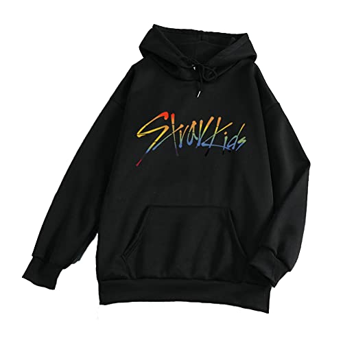 KPOP Stray Kids Hoodies Long Sleeve Printed Fleece Loose Casual Pullover Sweatshirt Couple Hoodie (M, Black)