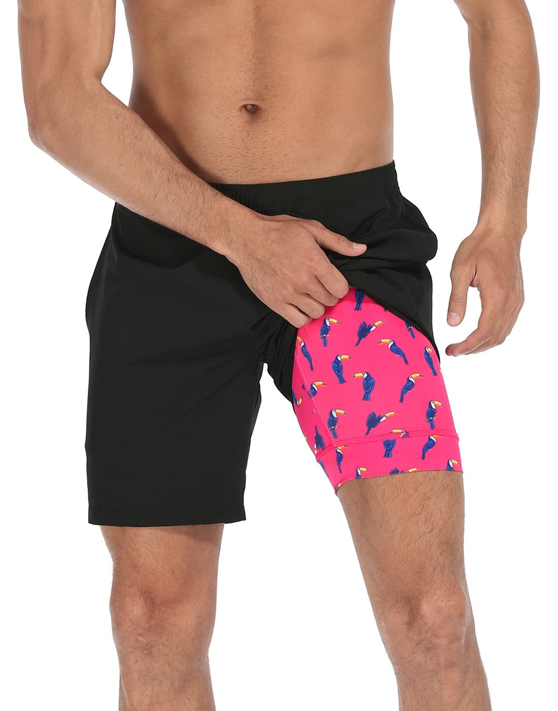LRD Mens Athletic Workout Shorts with Compression Liner 7 inch Inseam Black/Pink Toucan - L