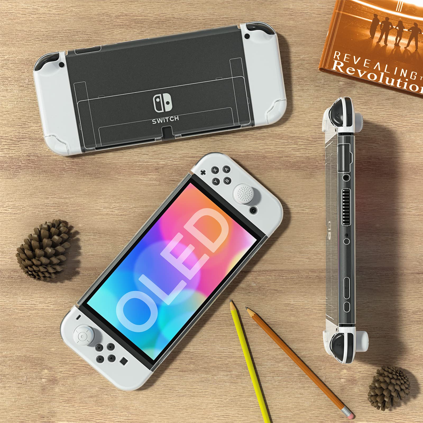 HEYSTOP Switch OLED Case Protector Compatible with Nintendo Switch OLED Model, Removable Hard PC Shell Dockable Switch OLED Protective Case Accessories with Screen Protector & Thumb Grip Caps, Clear