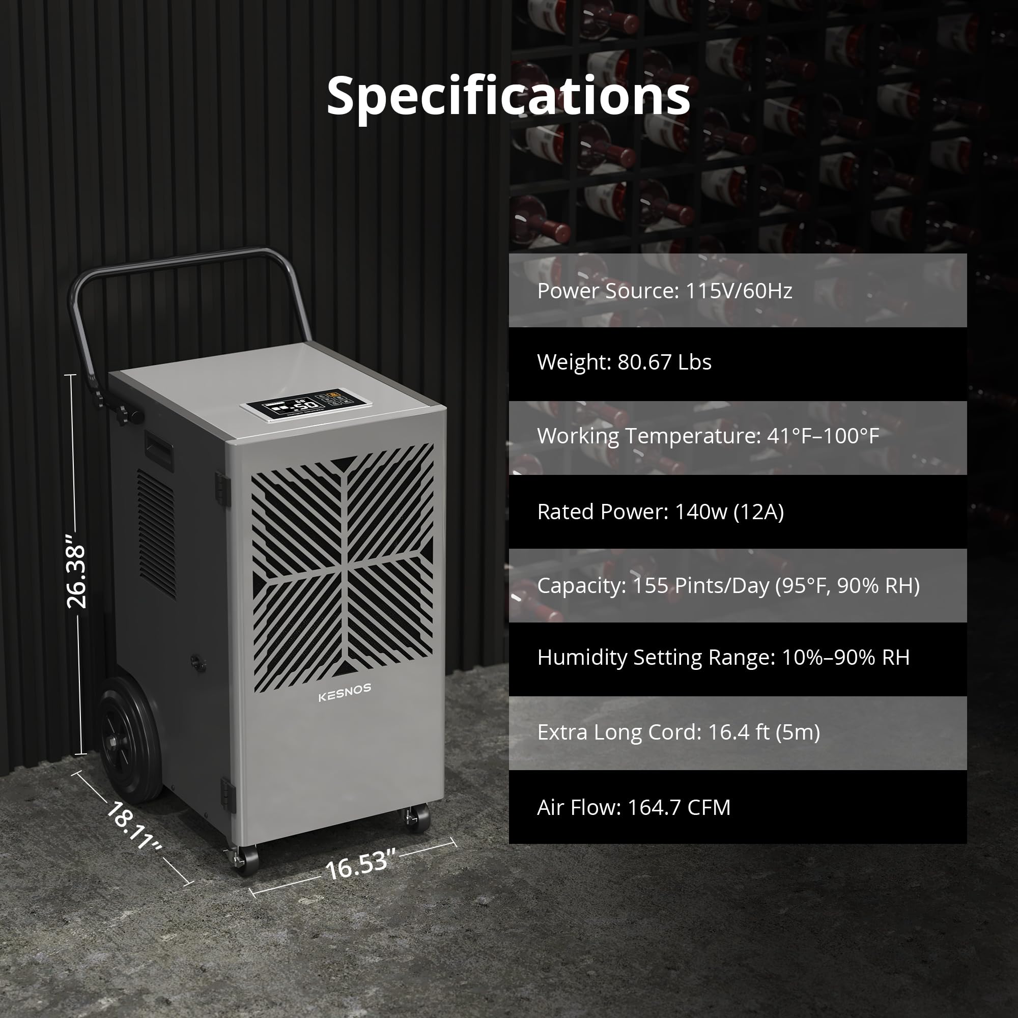 Kesnos 155 Pints Commercial Dehumidifier with Pump β Dehumidifier with Drain Hose and 24 Hr Timer in Large Space Up to 7500 Sq. Ft. β Ideal for Basements, Industrial Spaces and Job Sites