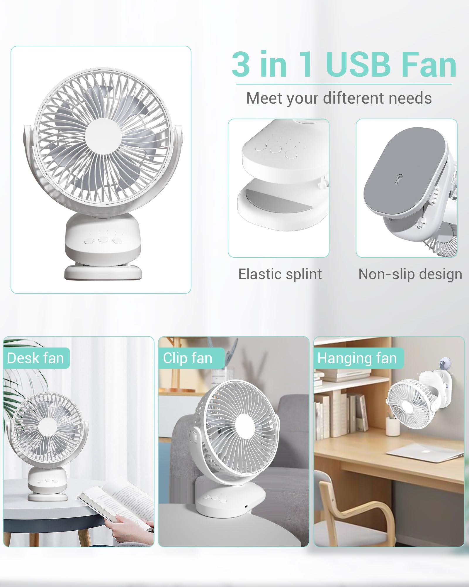 Portable Clip on Fan, Oscillating & 120° Rotate Battery Operated Stroller Fan, 4 Speed Quiet Mini Personal Desk Fan, USB Rechargeable Fan for Outdoor Camping Golf Cart Stroller Home Office White