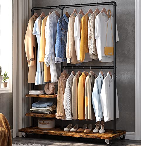 Raybee Clothes Rack Heavy Duty Clothing Rack, 400LBS Rolling Garment Rack with Shelves, Industrial Clothing Rack with Shelves, Portable Adjustable Clothes Rack for Hanging Clothes, Rustic Brown