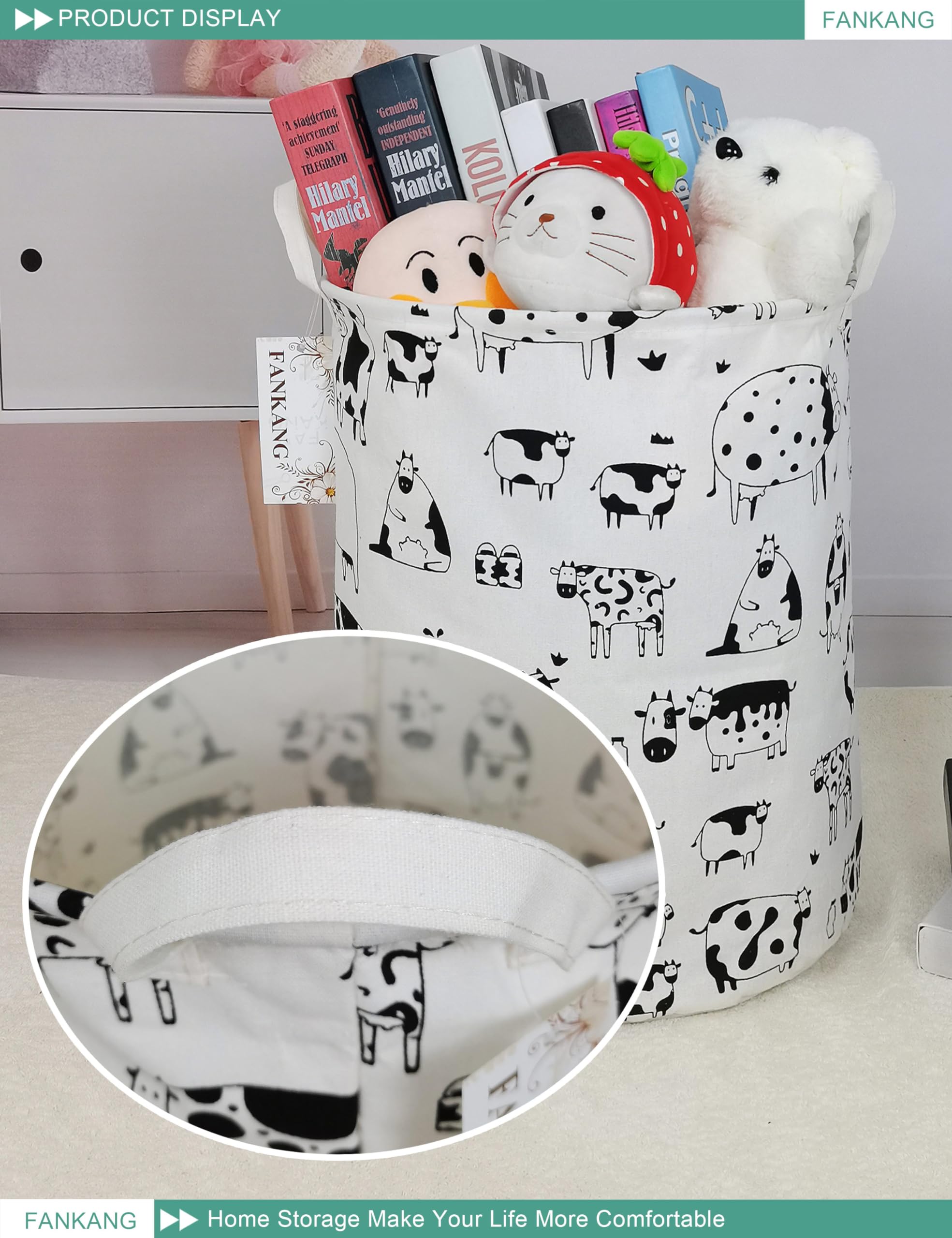 FANKANG Storage Basket, Nursery Hamper Canvas Laundry Basket Foldable with Waterproof PE Coating Large Storage Baskets for Kids Boys and Girls, Office, Bedroom, Clothes,Toys（Cows）