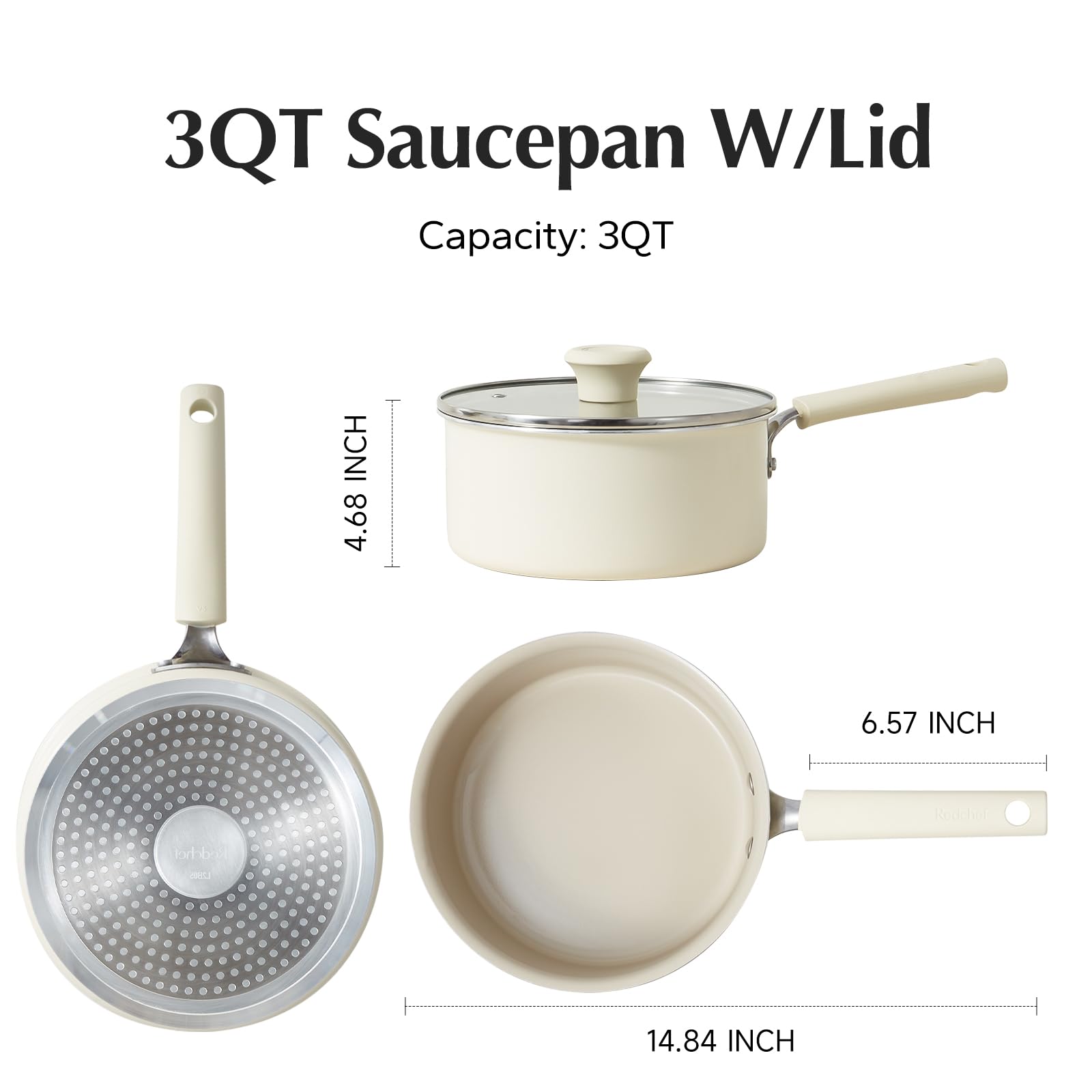 Redchef Ceramic Nonstick Saucepan with Lid, 3QT Small Cooking Pot, Non Toxic Sauce Pans for Kitchen, Cool Handle PFAS Free Compatible with All Cooktops, White