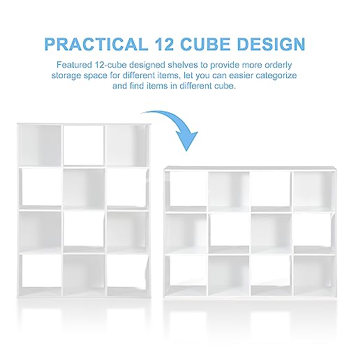 SUPER DEAL 12-Compartment Open Shelf Bookcase 47 inch Wide Bookshelves Wood Storage Organizer Display Cabinet with 6 Removable Back Panels for Living Room Bedroom, Vertical or Horizontal, White