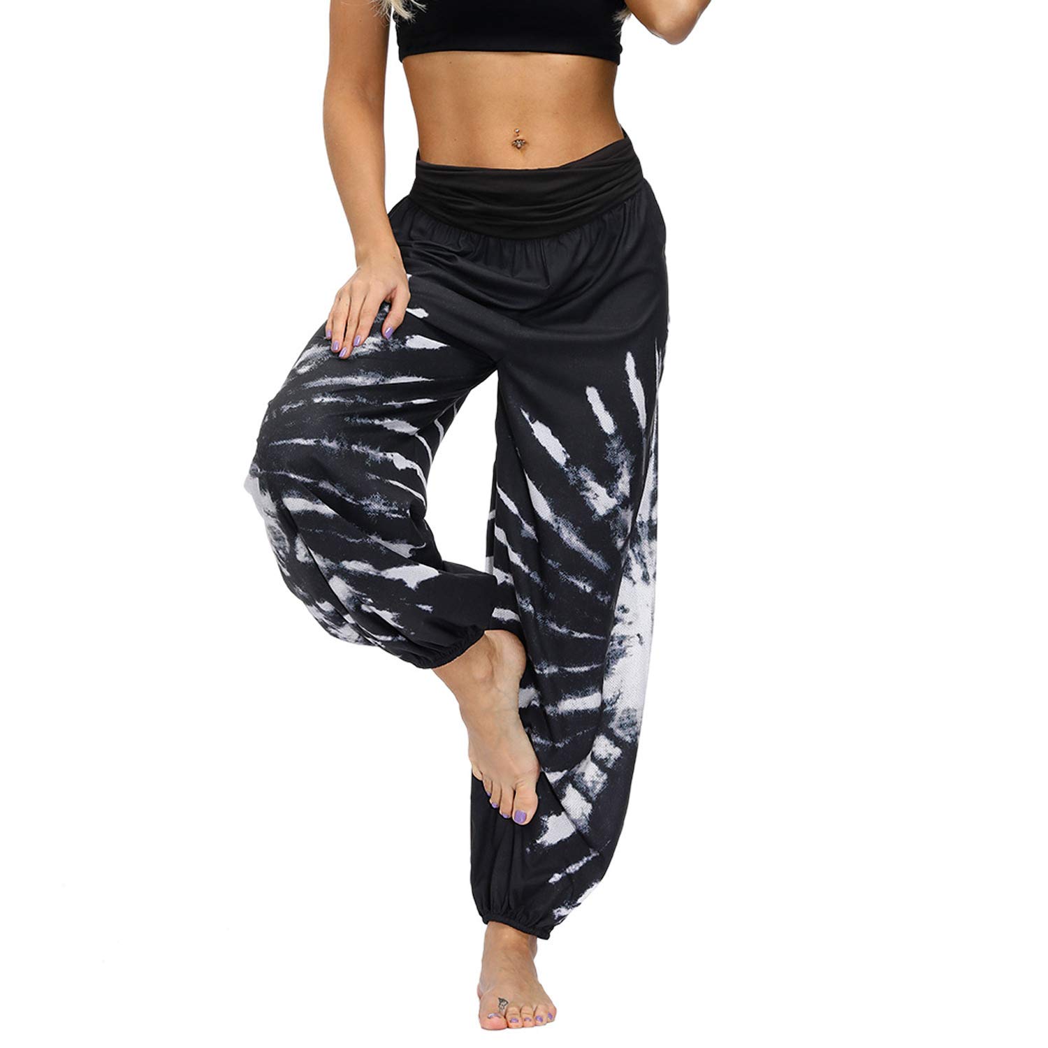 Lu's Chic Women's Boho Hippie Pants Yoga Thai Indian Bohemian Summer Cinch Bottom High Waisted Printed Pants Black Style3 X-Large