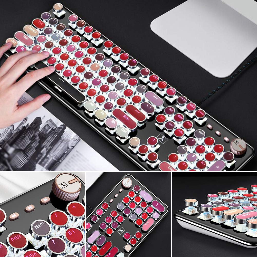 FELICON Lipstick Mechanical Gaming Keyboard, Typewriter Style Retro Keyboard with White LED Backlit,104-Key Anti-Ghosting Blue Switch Wired USB Metal Panel Round Keycaps for Desktop, Laptop