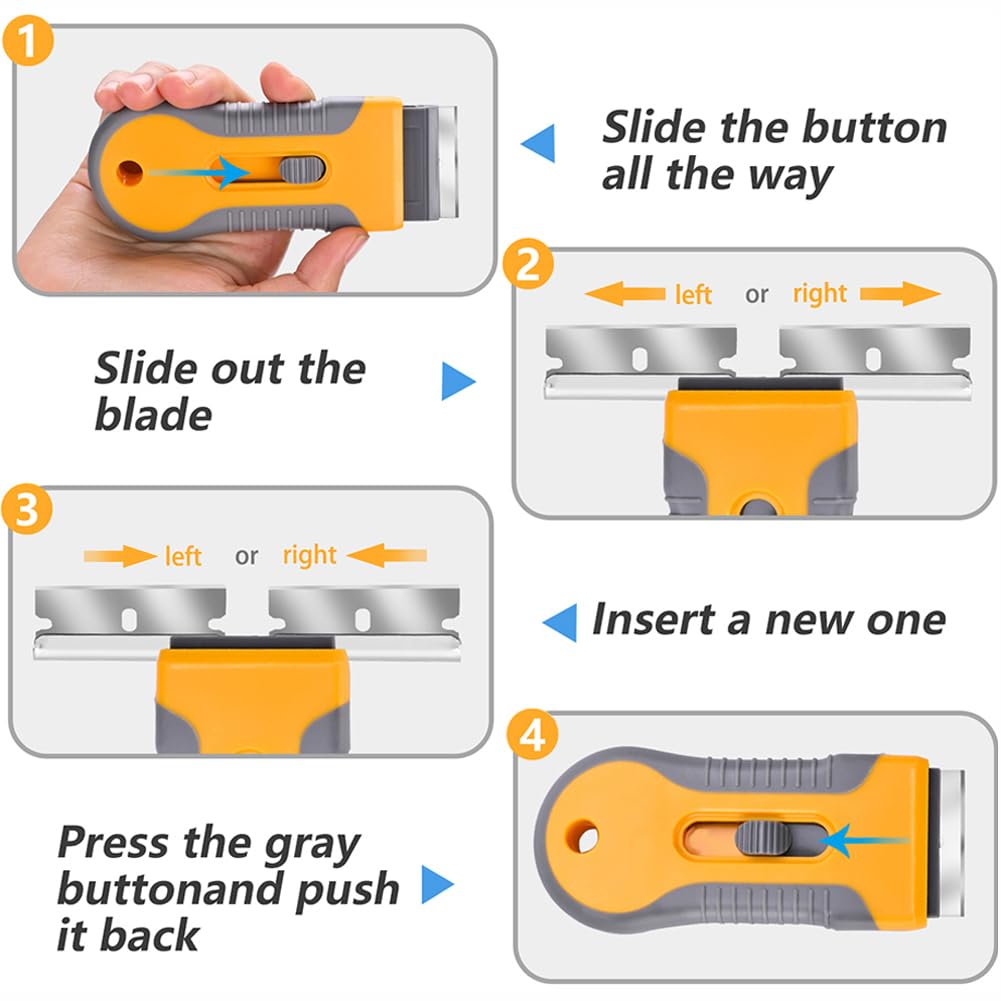 Razor Blade Scraper, 3 Pack Shrink Scraper Tool with 50 Plastic and 30 Metal Razor Blades, Cleaning Scraper, for Removing Label, Registration Sticker, Tint, Grease from Windshield, Appliance, Glass