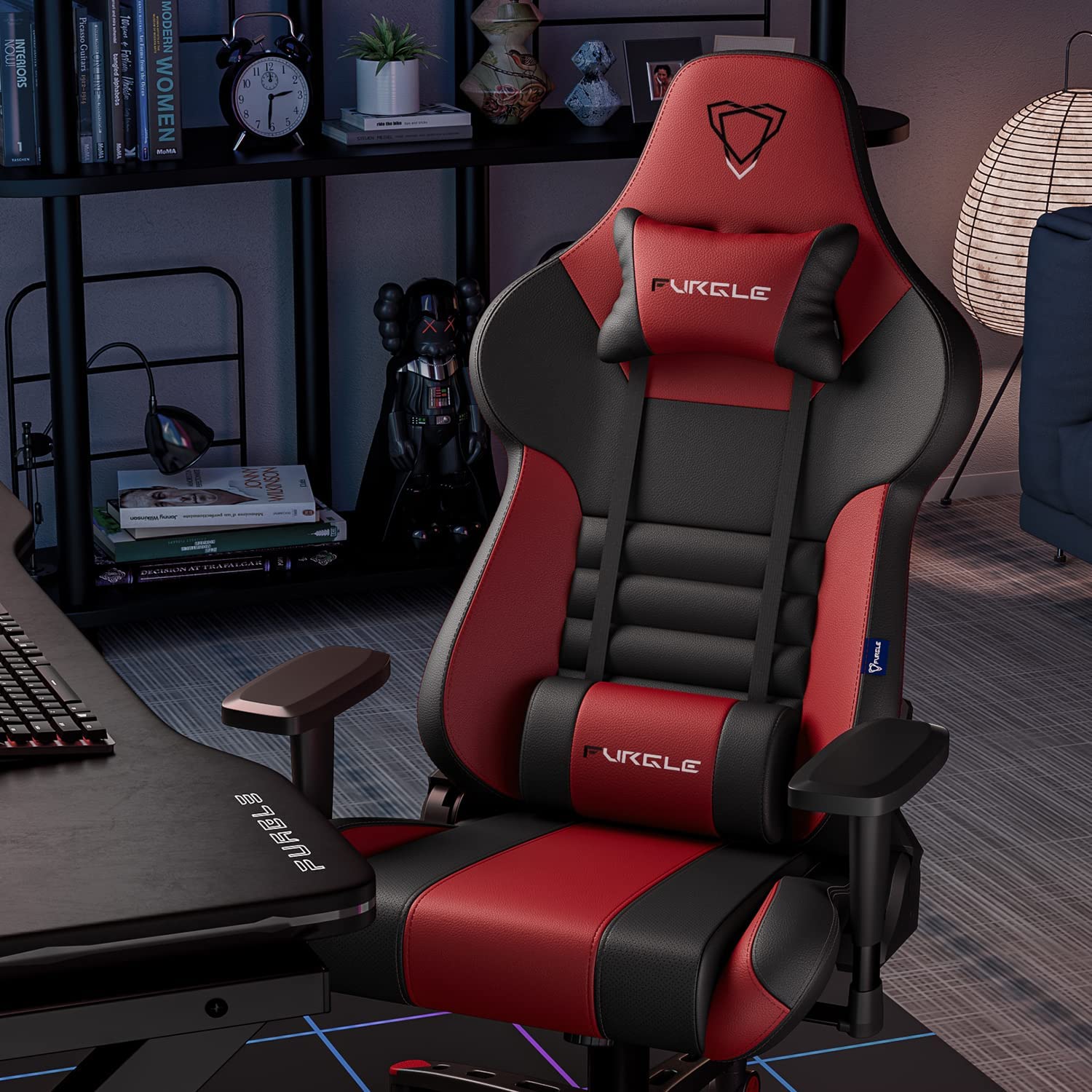 Furgle Gaming Chair with Footrest, Office Ergonomic Computer Chair with Lumbar Support, Height Adjustable Video Gaming Chair with 360°-Swivel Seat and Headrest, (Pro-Black/Red)