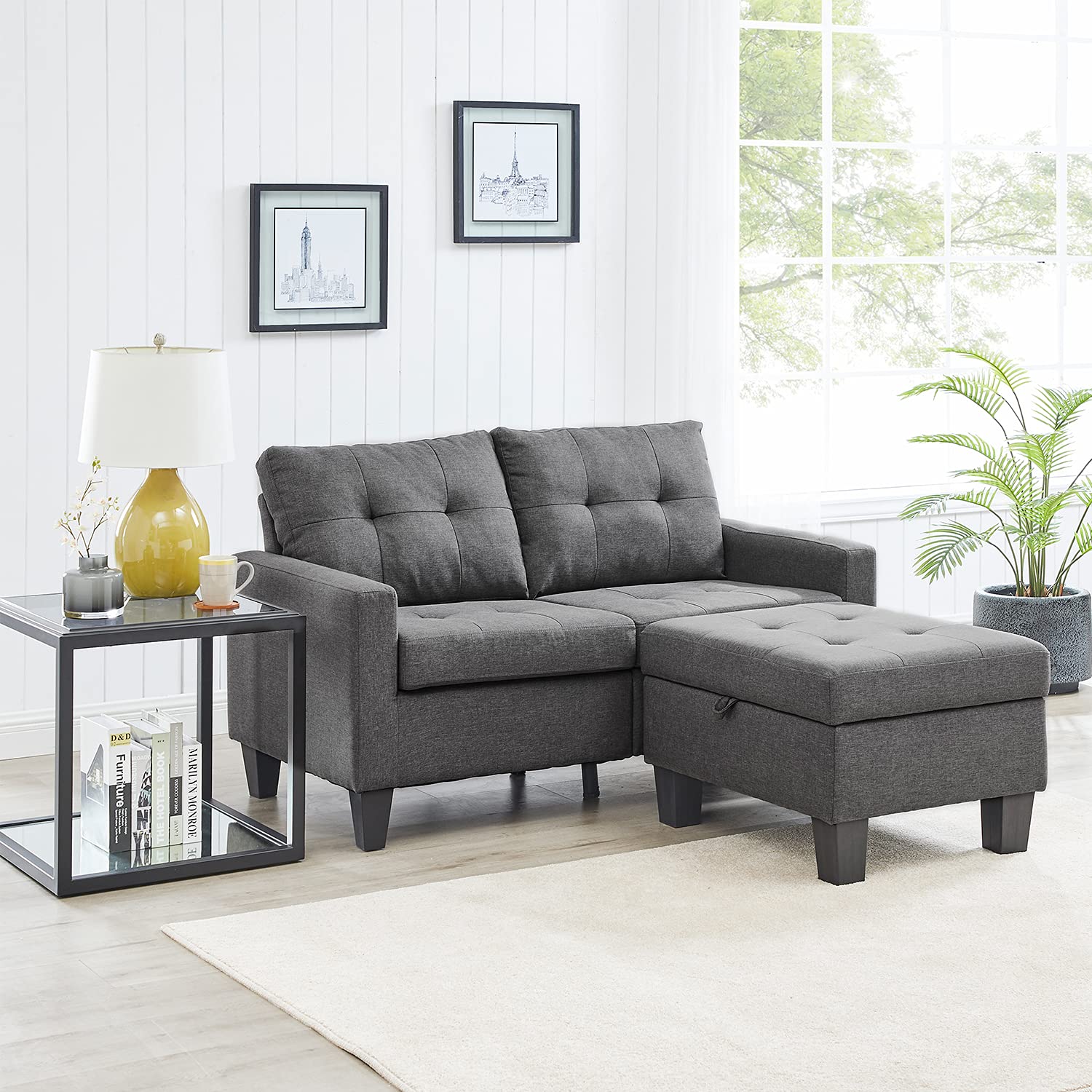 GOOD & GRACIOUS Sectional Sofa Set 57" L-Shaped Couch Chaise Polyester Fabric Loveseat Furniture with Reversible Storage Ottoman for Apartment Office Living Room Bedroom Small Space (Dark Grey)