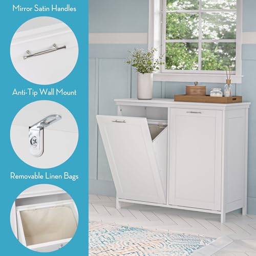 RiverRidge Somerset Double Tilt Out Laundry Hamper - Stylish Laundry Room Cabinets with Removable Cloth Bags, Inset Doors & Coved Top Shelf - Laundry Cabinet for Clothes & Towels