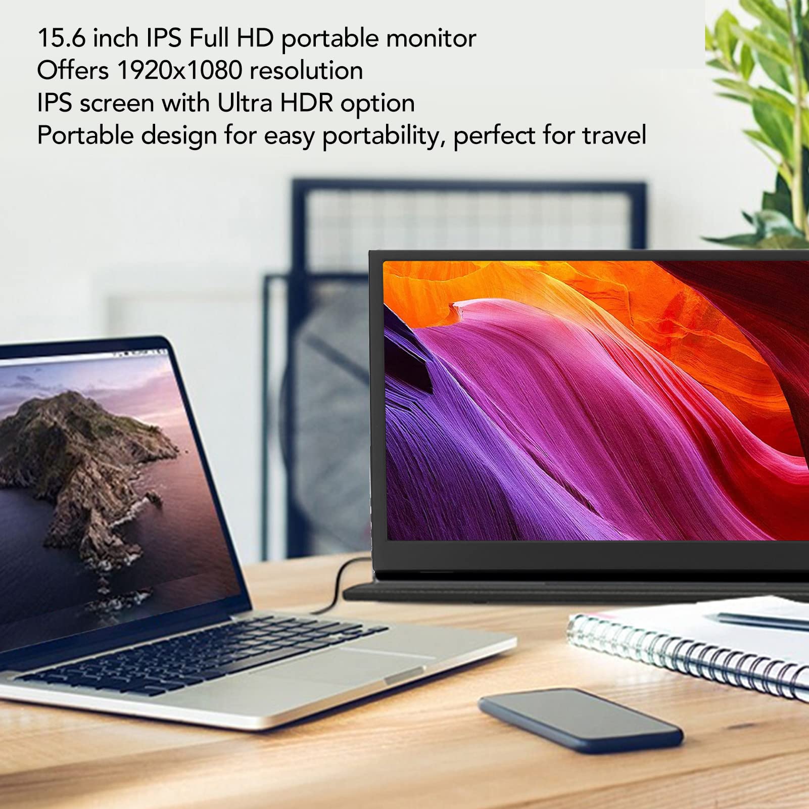 Portable Monitor, 1920X1080 Resolution HDR 15.6 Inches, Dual Stereo Speakers, PU Leather Case, Full View for More Clarity Suitable for PC, Cell Phone, PS3