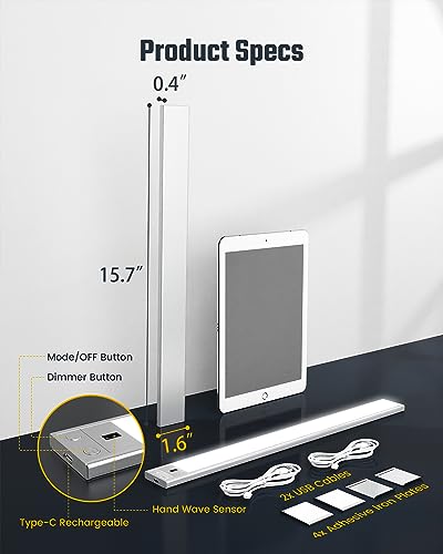 SUPERDANNY 16″ Under Cabinet Lights, Hand Wave Sensor LED Under Cabinet Lighting, Upgraded Rechargeable 3000mAh Battery Cordless Under Counter Lights for Kitchen, Closet, Workbench, 2/Pack