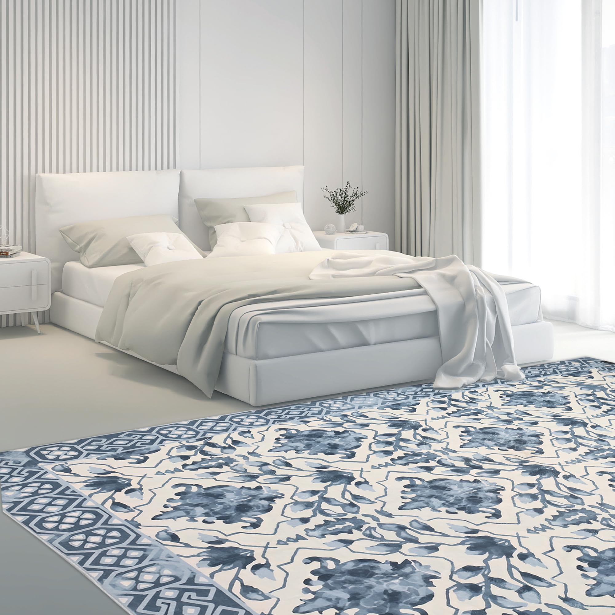 Oriental Accent Vintage Blue Floral Porcelain Area Rug - Faux Wool Floral Print Rug, Retro Accent Washable Low Pile Rug, Foldable Non-Slip Non-Shedding Carpet, Decor Gift