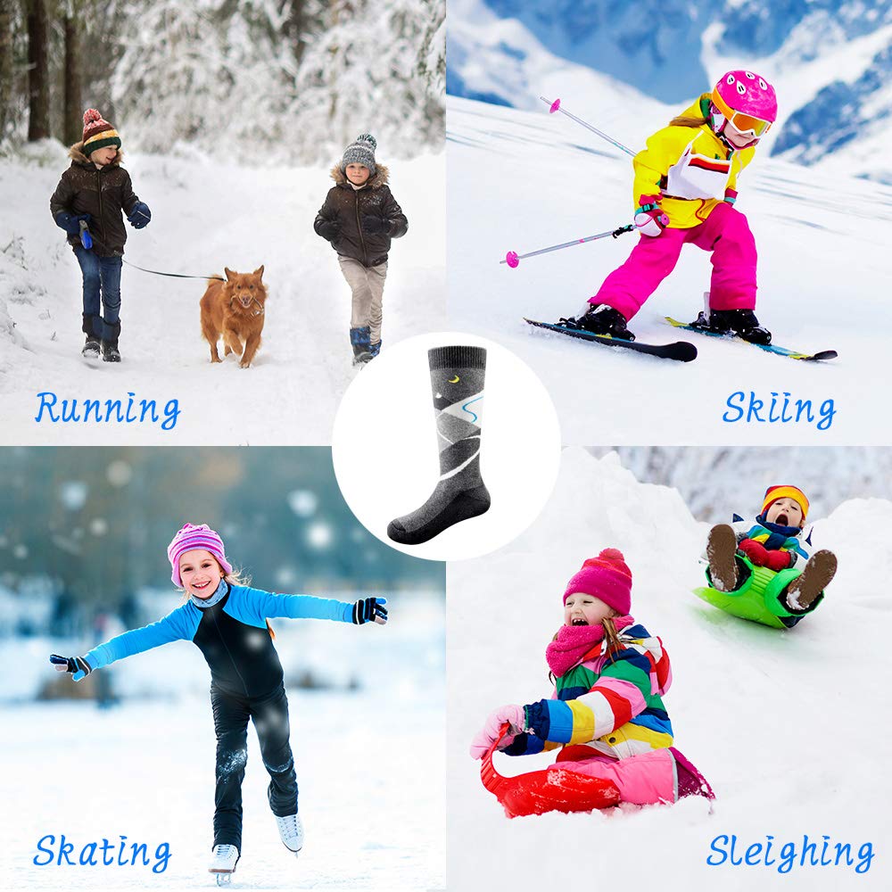 FanNicoo 3 Pack Kids Ski Socks OTC Warm Soft Non-Slip Cuff Winter Skiing Outdoor for Girls Boys(Orange+Gray+Blue), Medium