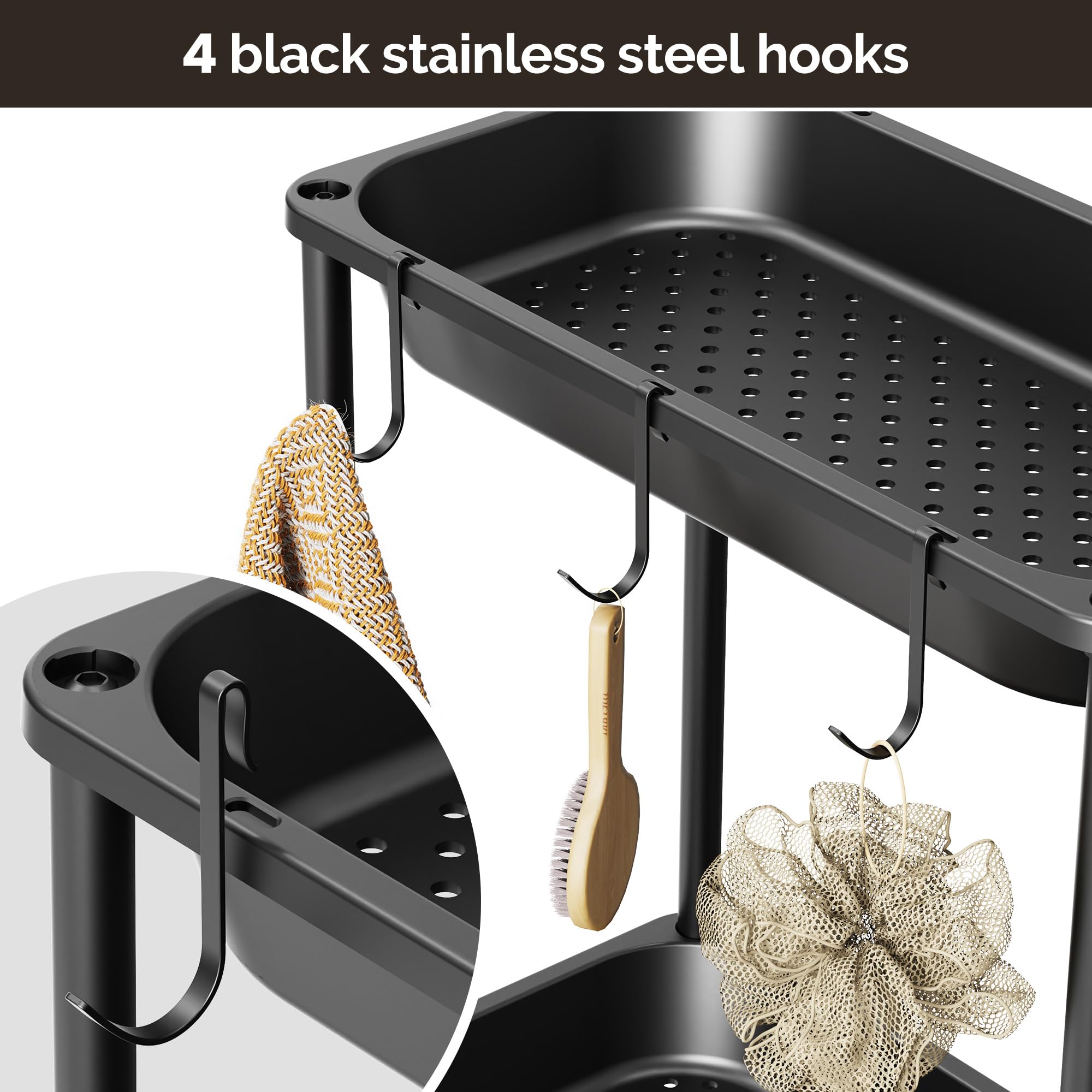 Orimade Rustproof 3 Tier Floor Standing Shower Caddy Organizer, Plastic Metal Splicing Floor Shelf Rack Stands for Bathroom Kitchen,15.35 x 29.33 x 7.87ββ, Black