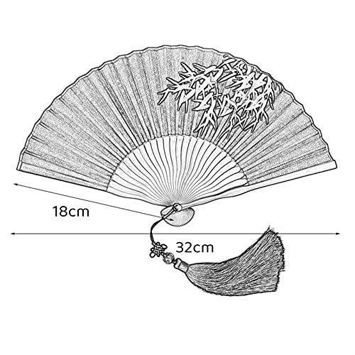 HTian Small Black Folding Fans, Chinese Bamboo Leaf Pattern Hand Fan Folded Purse Hand Fan with Fabric Sleeve and Tassel, for Women