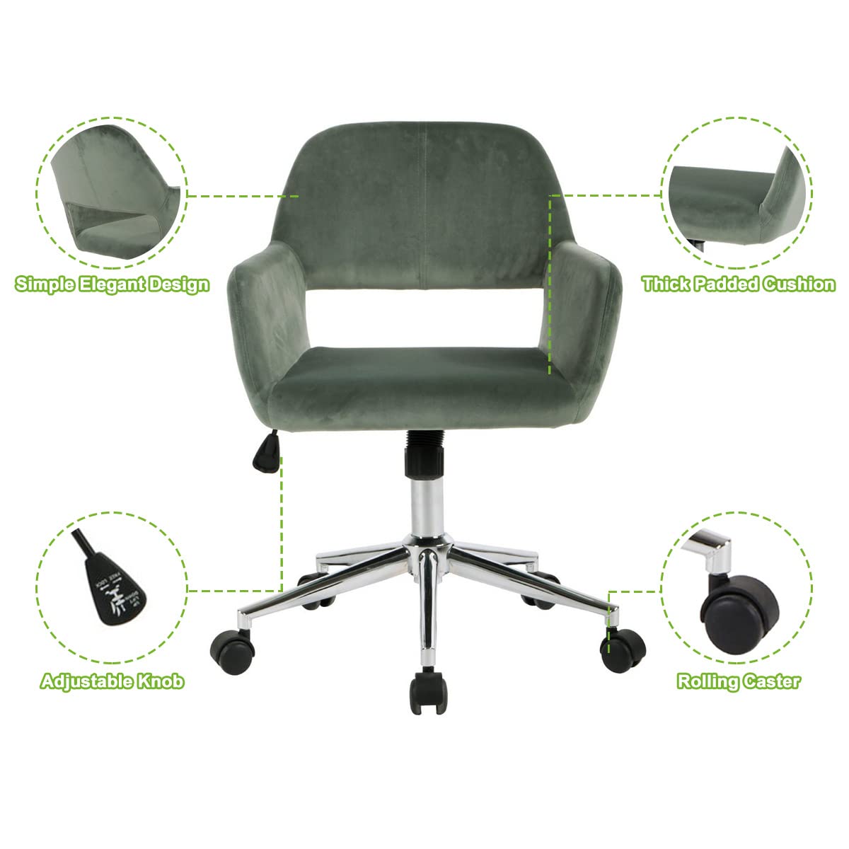 Geniqua Cactus Green Velvet Office Chair Swivel Task Chair Adjustable Mid Height Casters Rolling Computer Chair Modern for Home Office