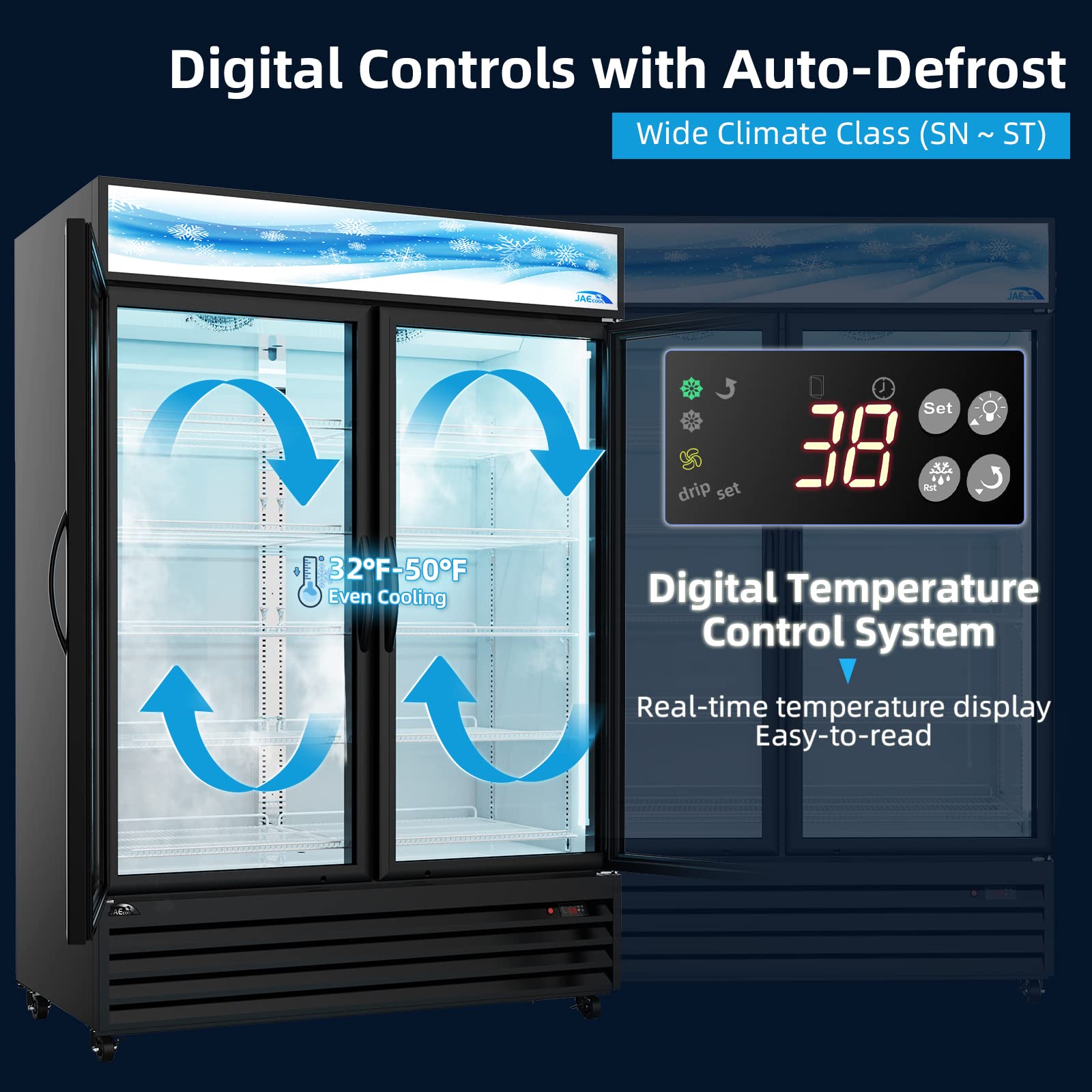 JAE Double Doors Merchandiser Refrigerator, Low-E Tempered Glass Display Refrigerator, Auto-defrost Upright Beverage Cooler w/Digital Temp. Control, R290 Eco-friendly Compressor, ETL, 31.1 Cu. Ft