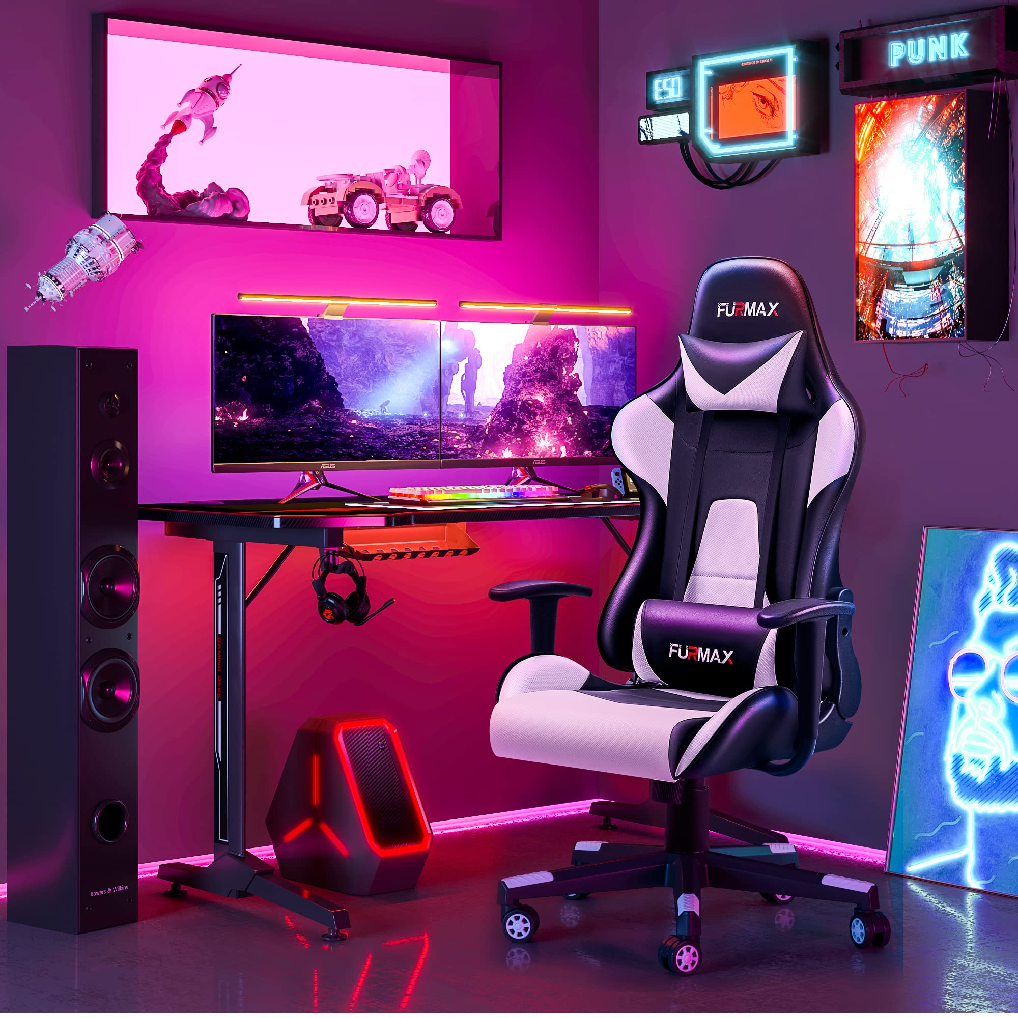 Furmax Video Gaming Chair Ergonomic PC Computer Office Chair Racing Leather Adjustable Swivel Chair with Headrest and Lumbar Support for Adults (Black/White)