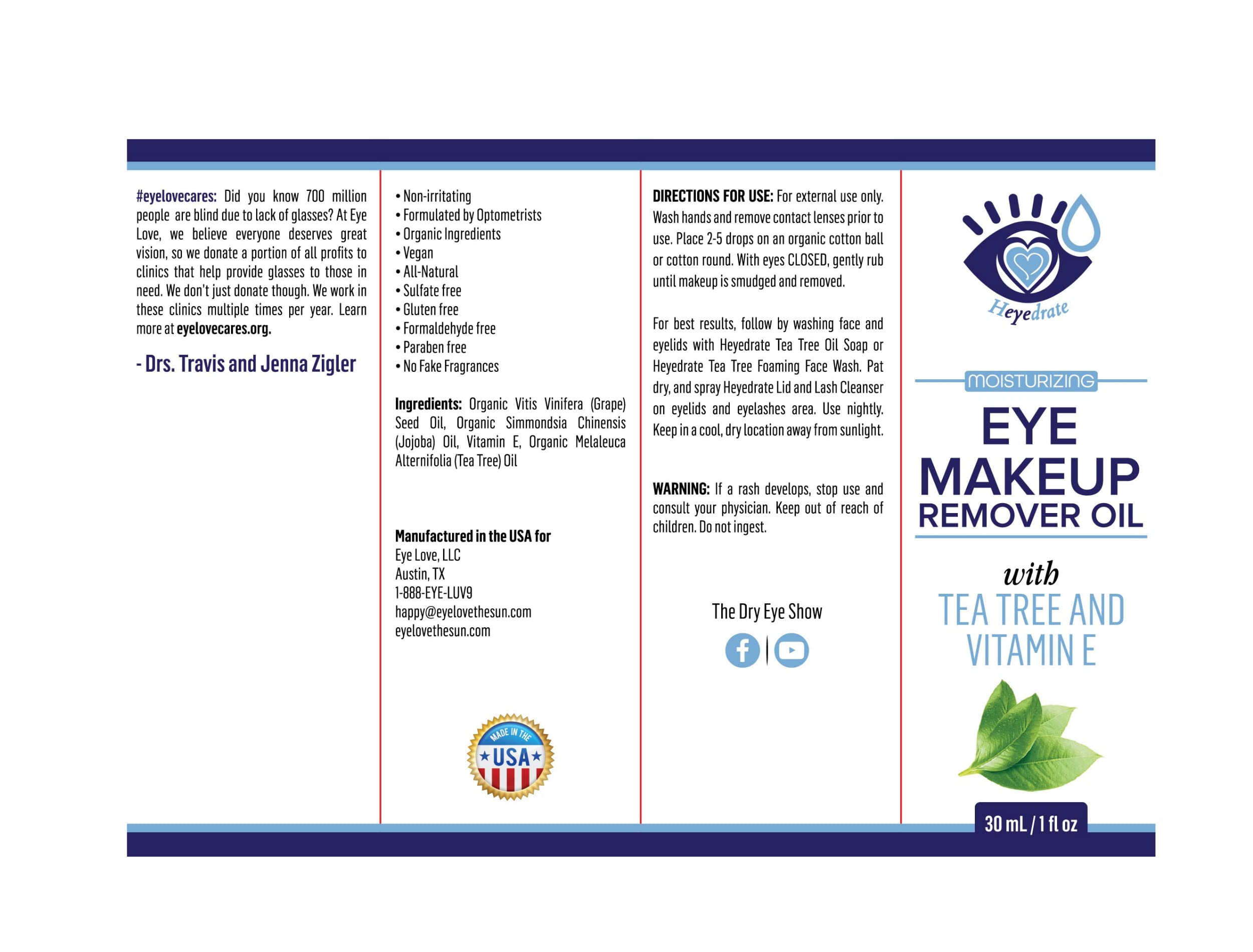 Heyedrate Eye Makeup Remover – Vitamin E & Tea Tree Oil Support Healthy Eyes – Organic, Moisturizing, Non Drying Makeup Remover Cleanser – Waterproof Eye Makeup Remover - 1oz. (Pack of 1)