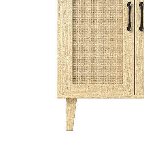 Panana Buffet Cabinet Sideboard with Rattan Decorated Doors Kitchen Storage Cupboard Accent Cabinet (Natural Wood)