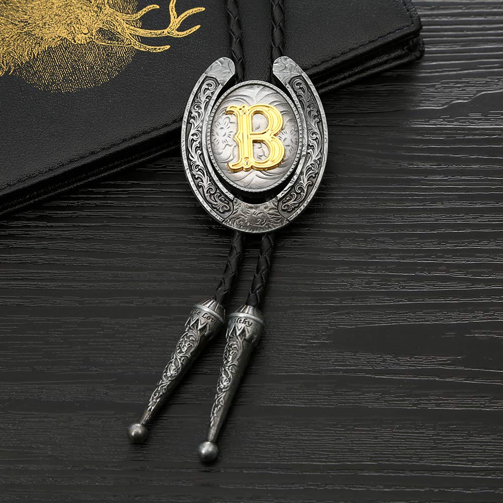 HUABOLA CALYN Vintage Bolo Tie for Men- Initial Letter ABCDMJR to Z Western Cowboy Bolo Tie for Women (B)