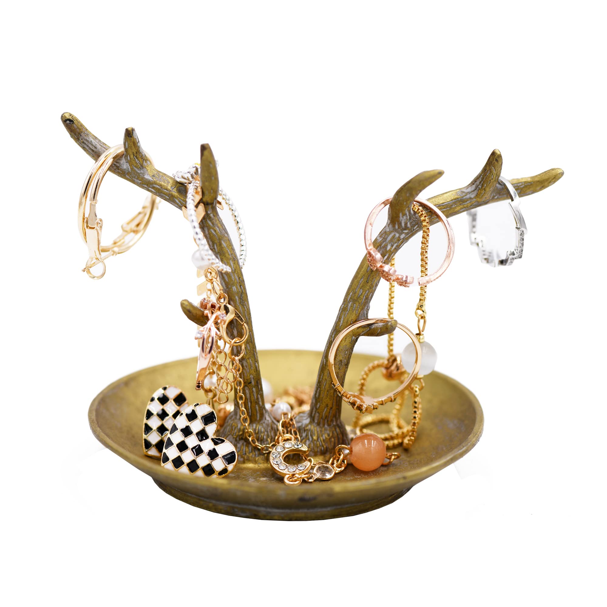 LuHeToz Antique Gold Metal Ring Holder with Antler,Vintage Trinket Dish, Gifts for Women,