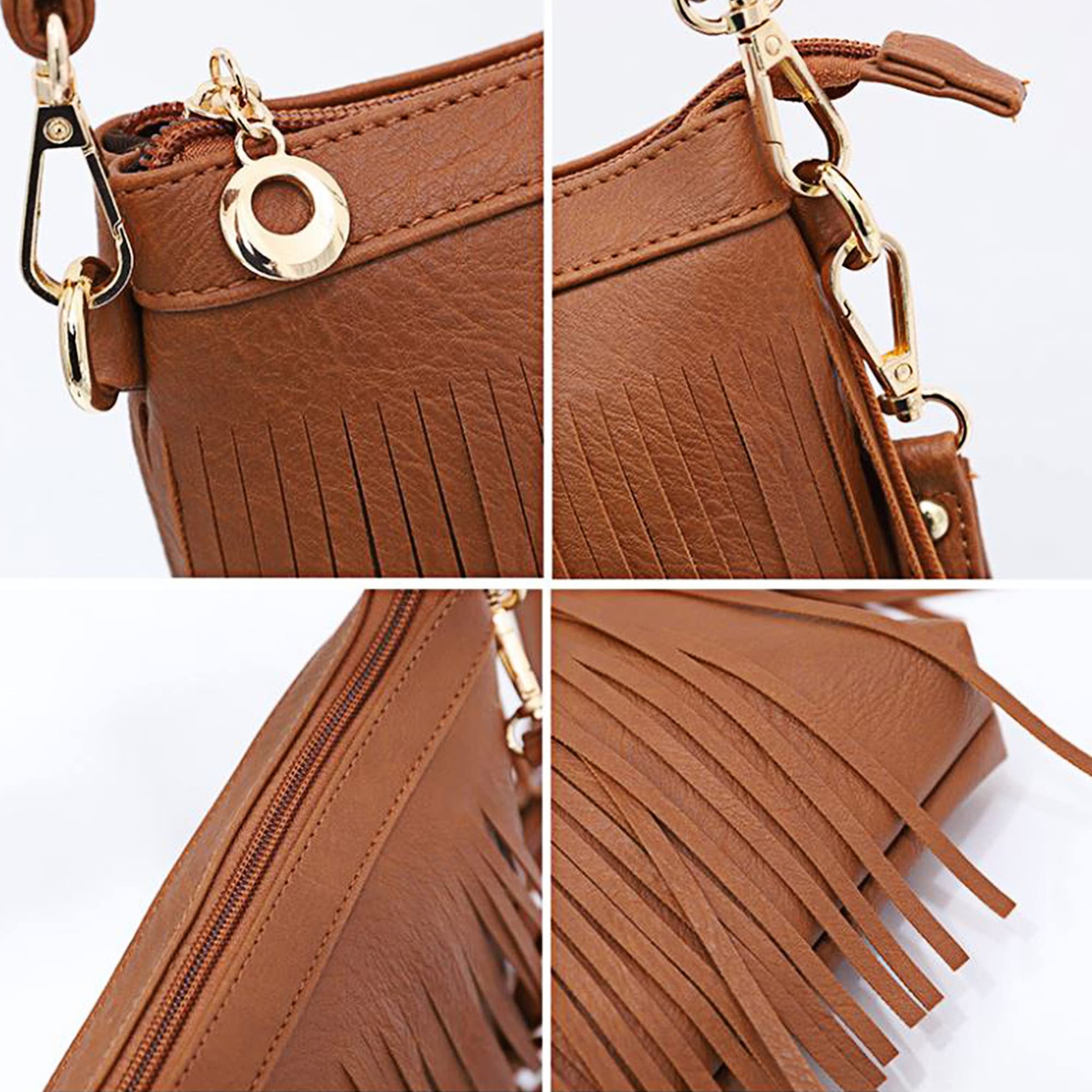 Hyuyikuwol Womens Fringe Messenger Bag Wrist Strap Shoulder Crossbody Bag Satchel PU Leather, Brown