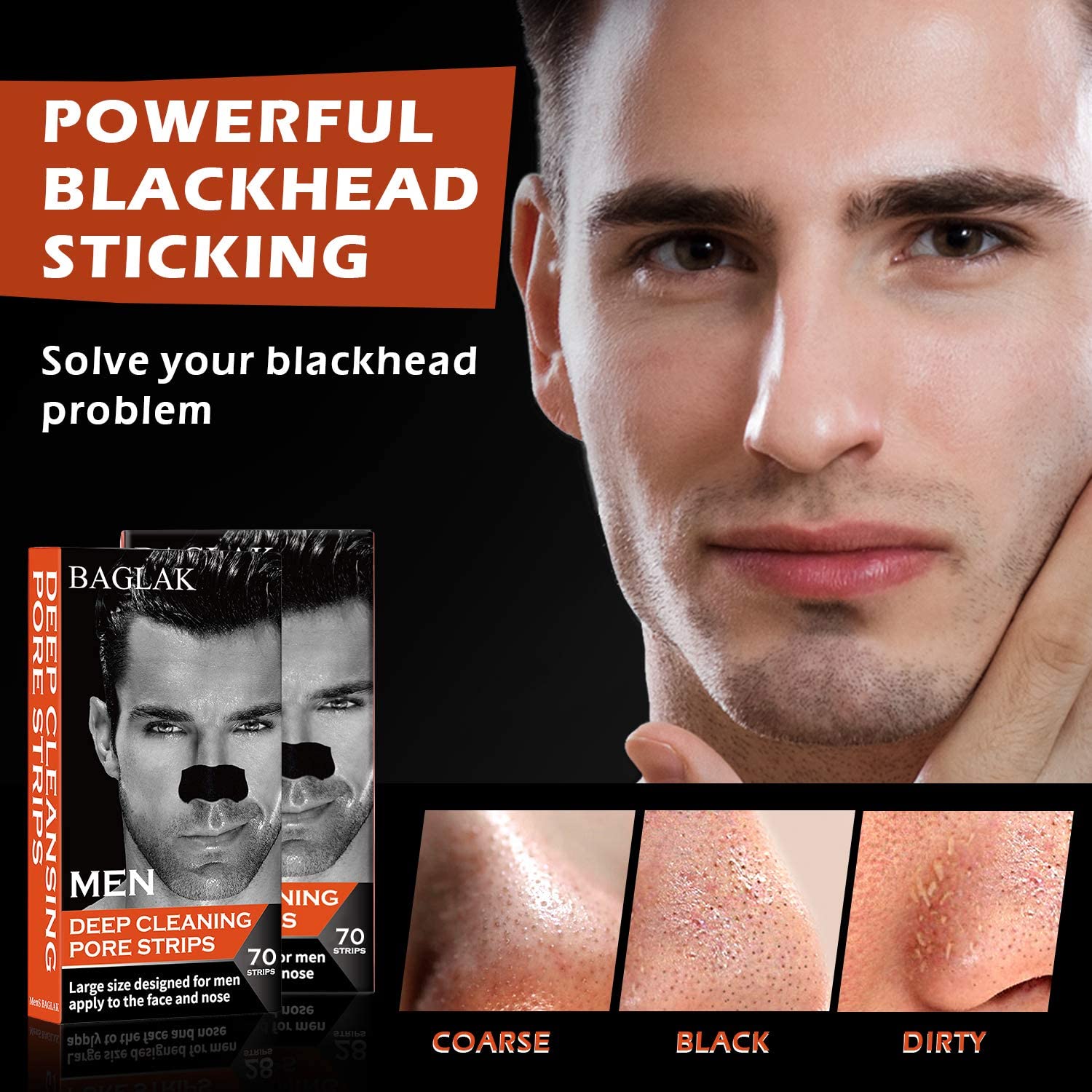 Men Blackhead Pore Strips - 70 Strips - Deep Cleansing - Face Nose Pores - Blackheads Removal - Large Size For Nose+Face