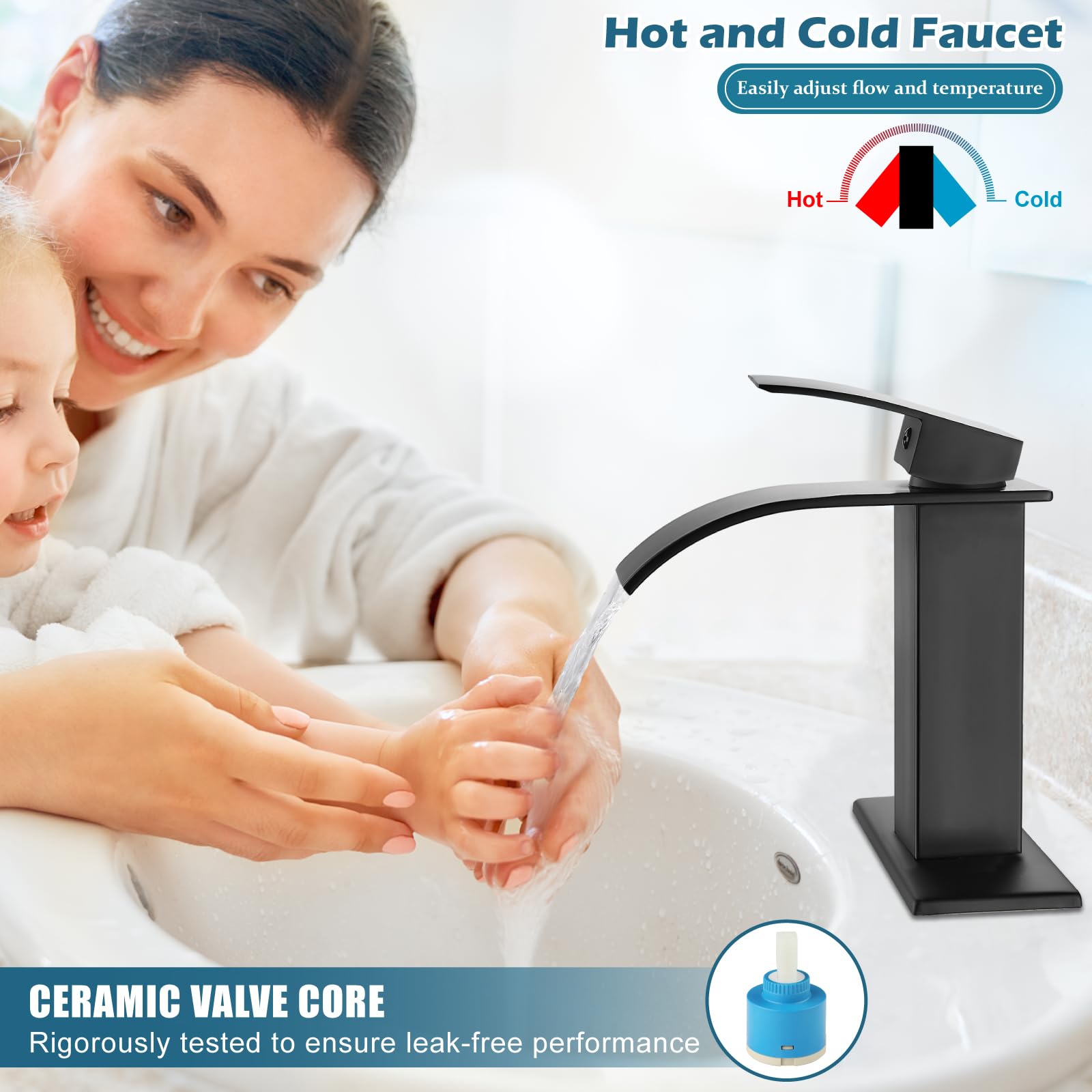 Midanya Matte Black Bathroom Sink Faucet Waterfall Spout Single Handle 1 Hole Deck Mount Mixer Tap Lavatory Vanity Sink Faucet Commercial with Deck Plate and Pop Up Drain
