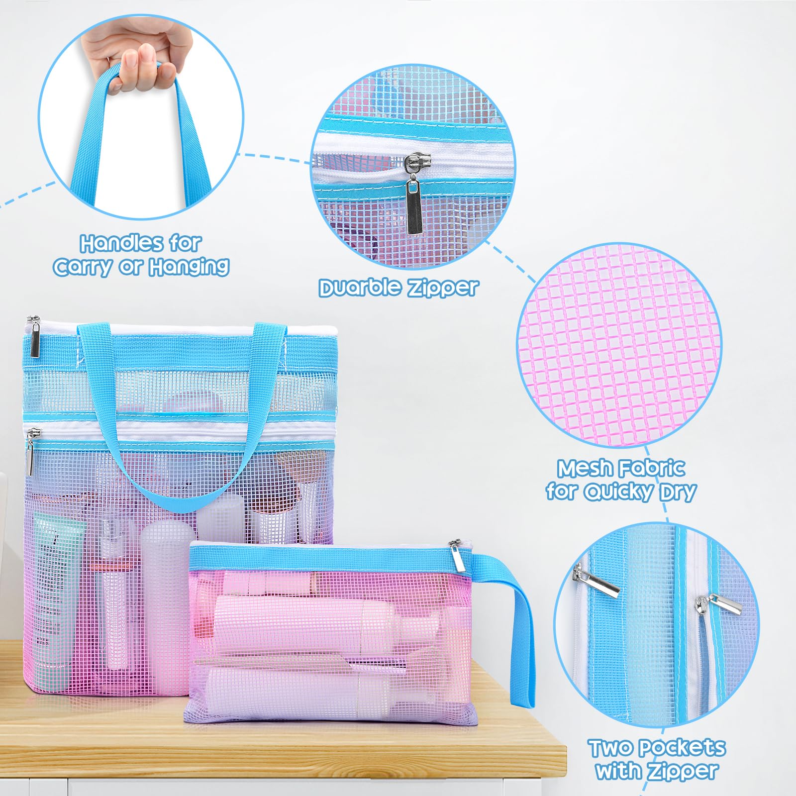 Nidoul Mesh Shower Caddy, Portable Shower Caddy Bag with Zipper, Shower Tote Dorm Caddy Hanging for Dorm, Gym, Travel, Camp, Beach, Toiletry (Pink Blue)