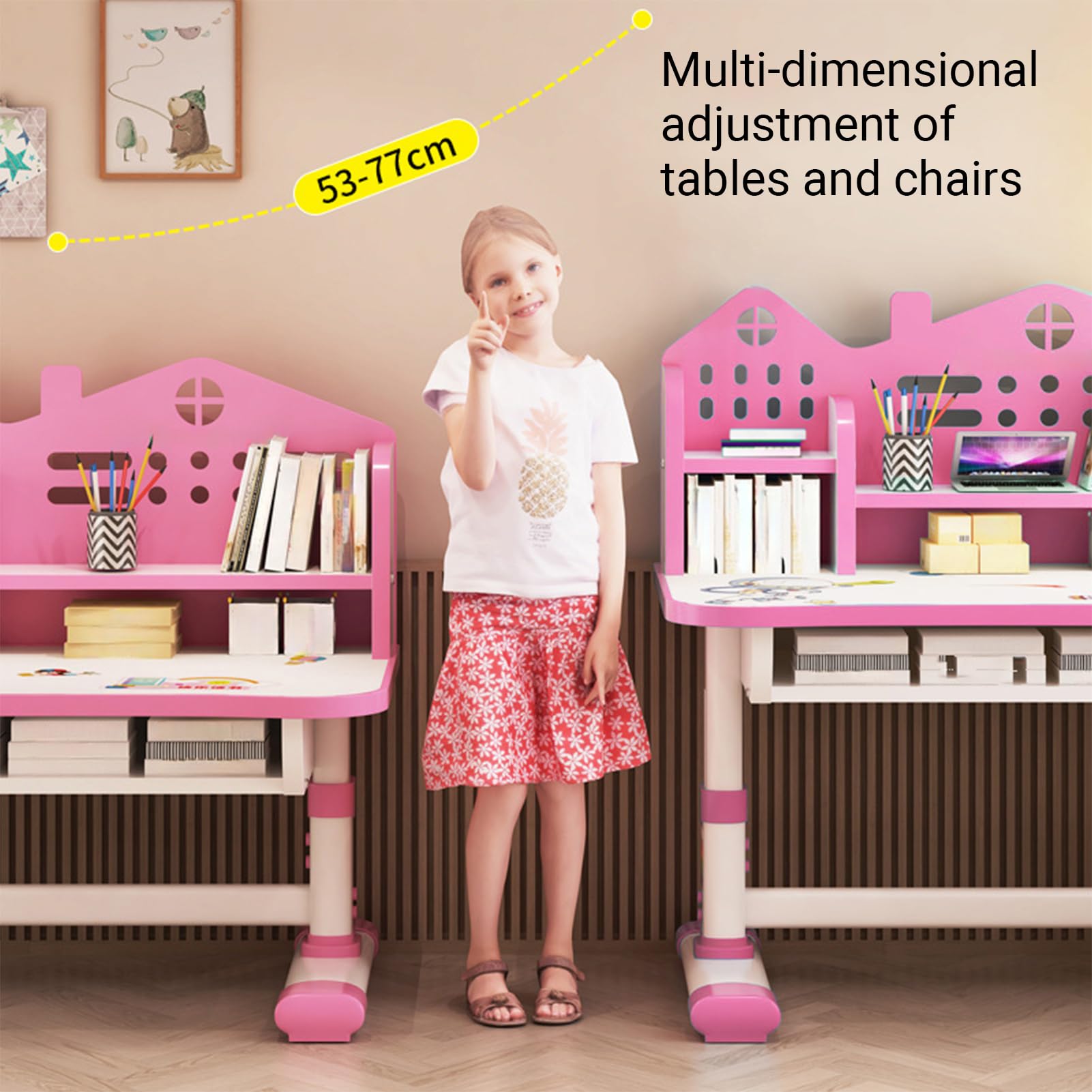 NUZYZ Kids Desk and Chair Set, Adjustable Height Kids Desk with Storage and Drawers Girls Desk Pink Writing Reading Drawing