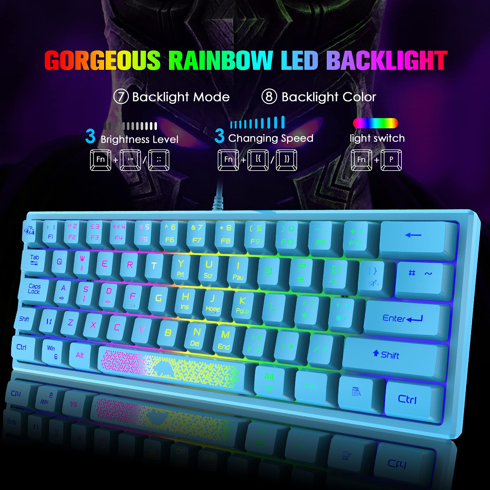 Gaming Keyboard and Mouse Combo Mini Portable with Chroma RGB Backlit Ergonomic 62Key Layout 19Key Anti-ghosting Mechanical Feel 3200DPI Honeycomb Mice USB Wired for PC Mac Gamer Laptop Typists(Blue)