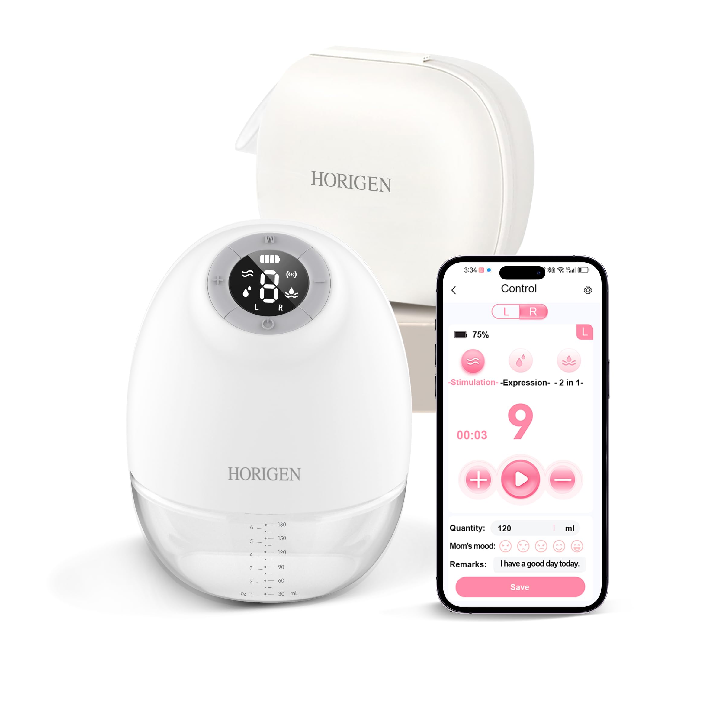 Horigen Hands Free Breast Pump E4, Wearable Breastfeeding Pump App Compatible, Double-Sealed Flange Electric Portable Breast Pump, 3 Modes & 9 Levels