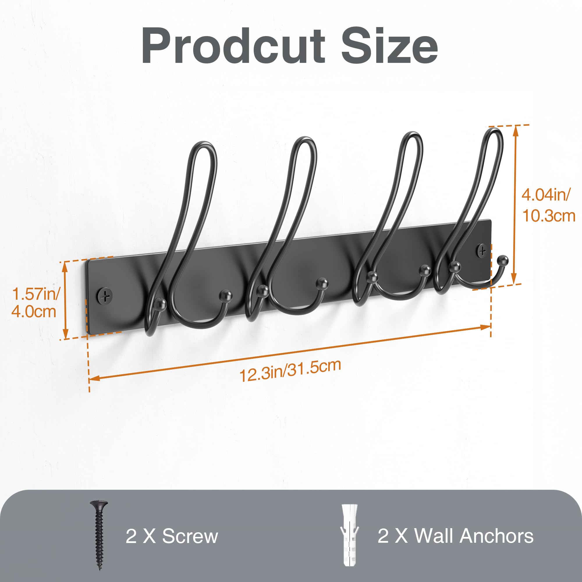 niffgaff Coat Rack Wall Mount - 4 Tri Coat Hooks Wall Mounted Hanging Coat, Jacket, Purse, Backpack, Clothes, Towel, Black Wall Hanger for Entryway, Bedroom, Bathroom, Living Room
