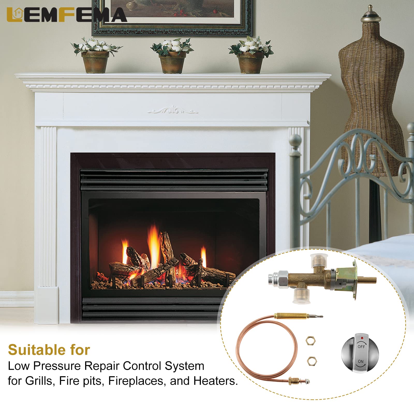 Lemfema Low Pressure LPG Propane Gas Fireplace Fire Pit Flame Failure Safety Control Valve with Thermocouple Knob Switch Kit with 5/8β-18UNF(3/8" Flare Inlet & Outlet) for Propane Fire Pit, Fireplace