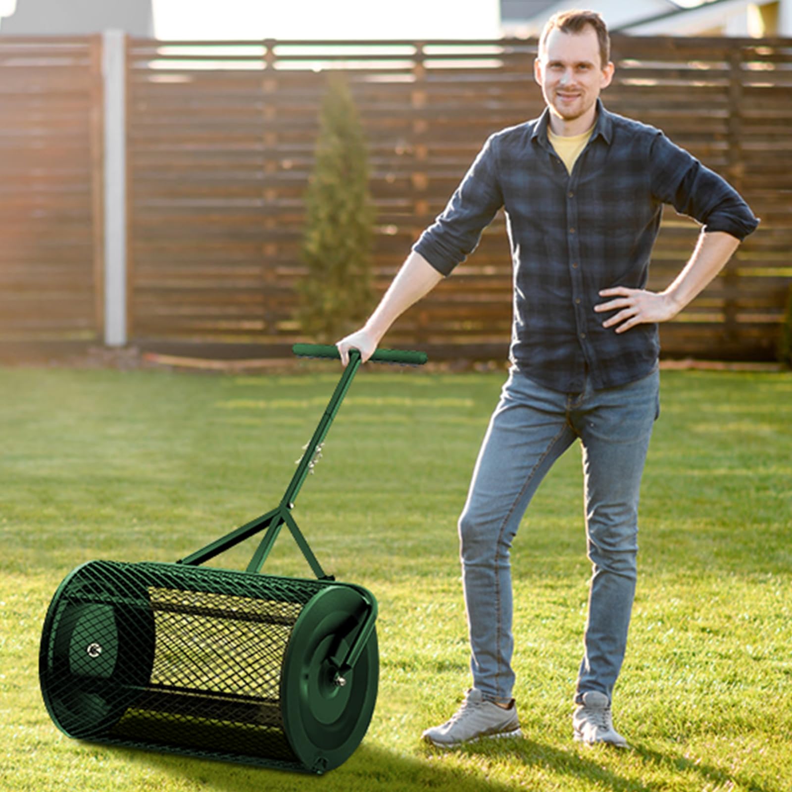 FOKKAH 24''Peat Moss Spreader with Upgrade T Shaped Handle, Compost Spreader for Lawn and Garden Care,Green