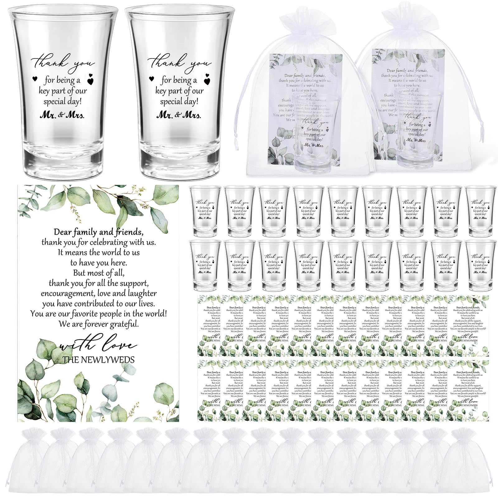 Uiifan Short Glasses Wedding Favors for Guests Acrylic Clear Plastic Shot Glass Wedding Shot Glass with Card Organza Bag Wedding Party Favors Thank You Gifts for Friends Family Bridal Shower(50 Sets)