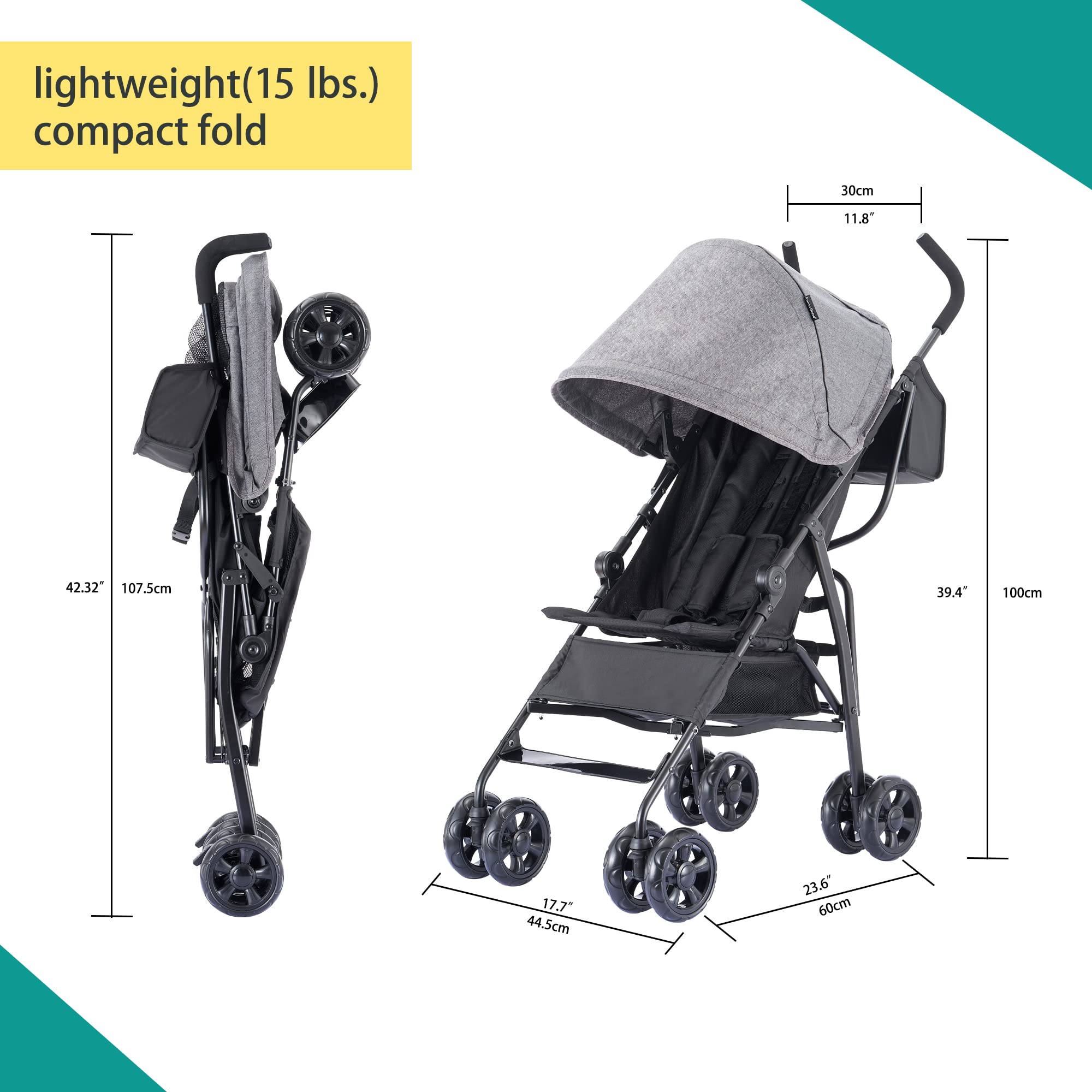 Pamo babe Travel Baby Stroller, Lightweight Umbrella Stroller with Oversized Canopy, Extra-Large Storage and Compact Fold Grey