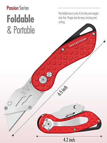FantastiCAR Folding Utility Knife Cute Box Cutter, Chic Hearts Pattern on Metal Body, with 5 Extra Blades (Red)