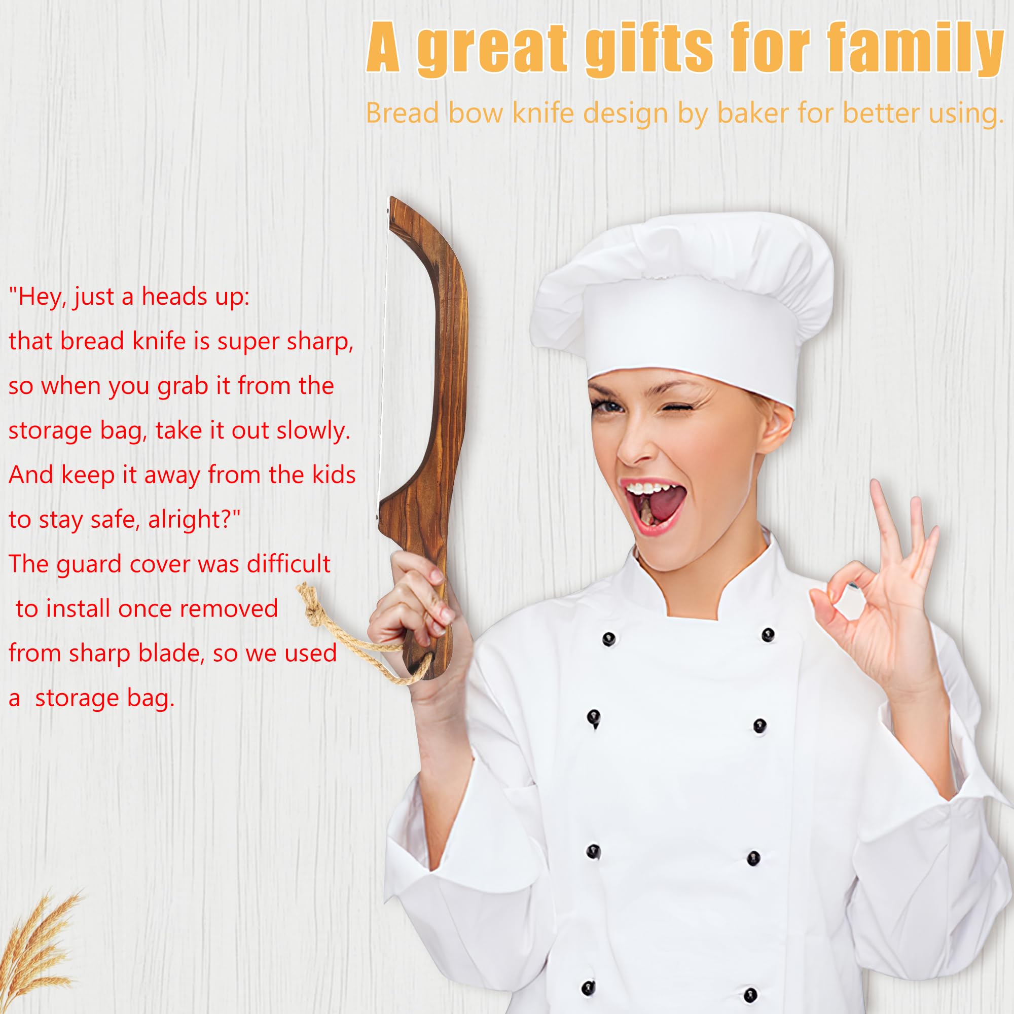 RIJIAKESEN Bread Knife, Sourdough Bread Slicer for Homemade Bread, Wooden Bow Design by Baker and Stainless Steel for Easy Cutting,Multipurpose Bread Cutter.