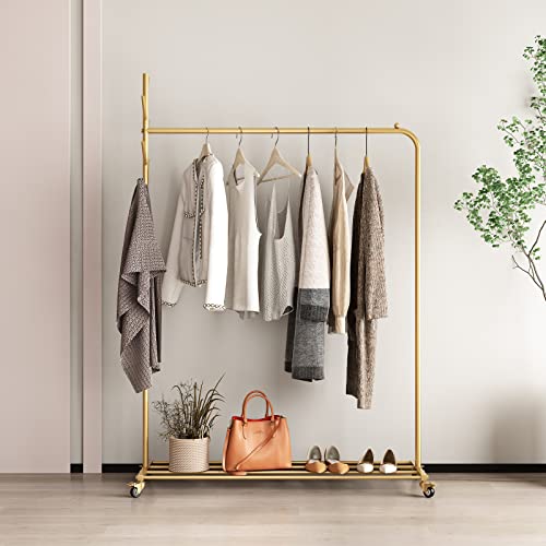 Smlttel Metal Gold Clothes Rack for Hanging Clothes, Rolling Clothing Rack for Boutique Display, Gold Coat Rack Standing Garment Rack with Shelf, Industrial Pipe Rack, Heavy Duty Clothing Rack, Gold