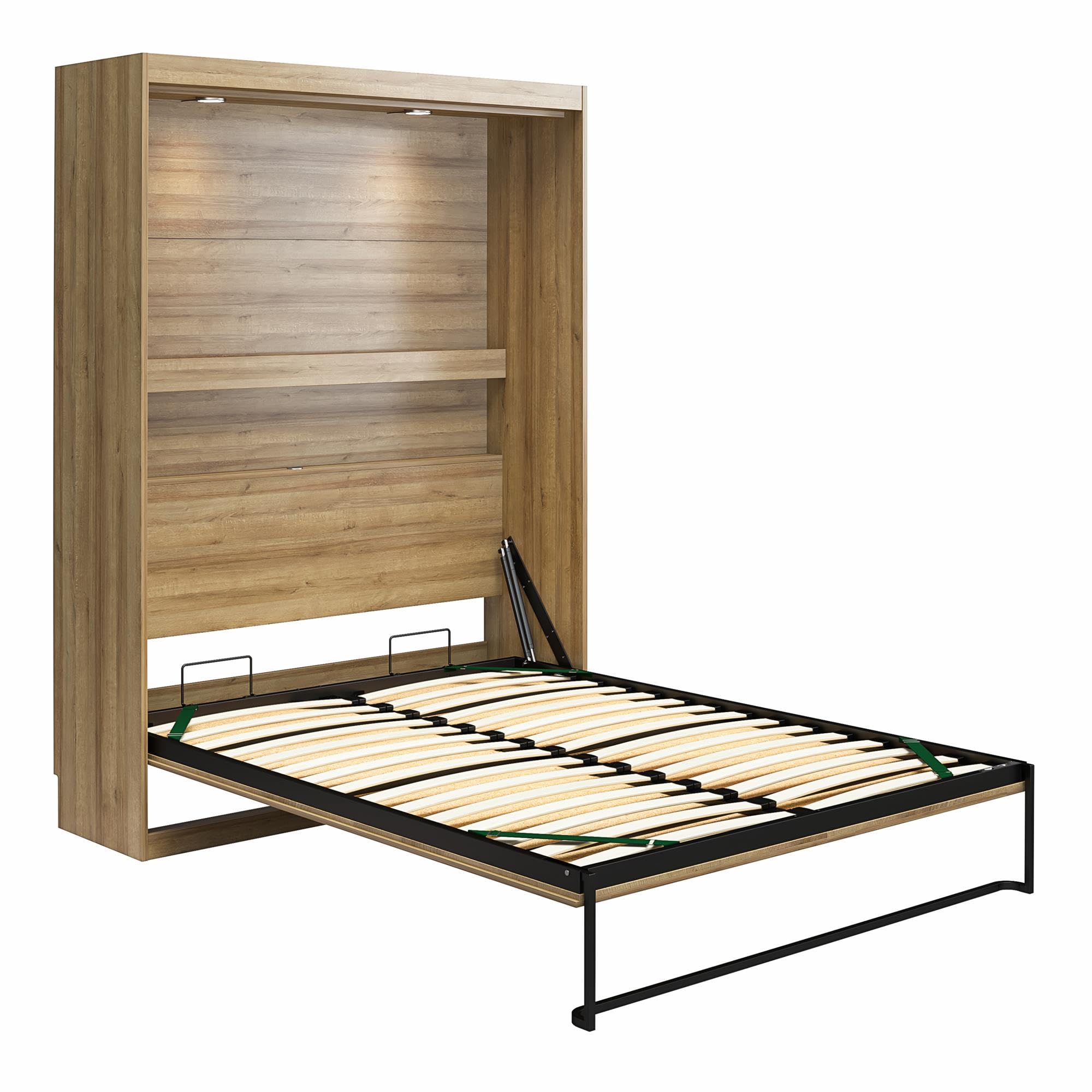 REALROOMS Radiance Queen Size Wood Fold Out Murphy Wall Bed with Gallery Shelf and Touch Sensor LED Lighting Space Saving Bedframe for Bedroom and Guest Room, White