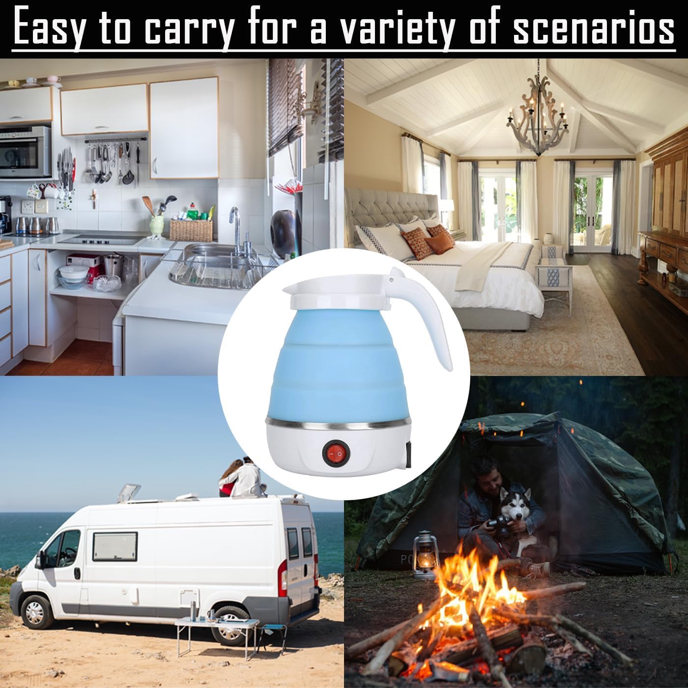Foldable Electric Travel Kettle - Portable and Convenient Silicone Collapsible Water Boiler and Tea Pot for Camping - Easy Storage with Detachable Power Cord (Blue)