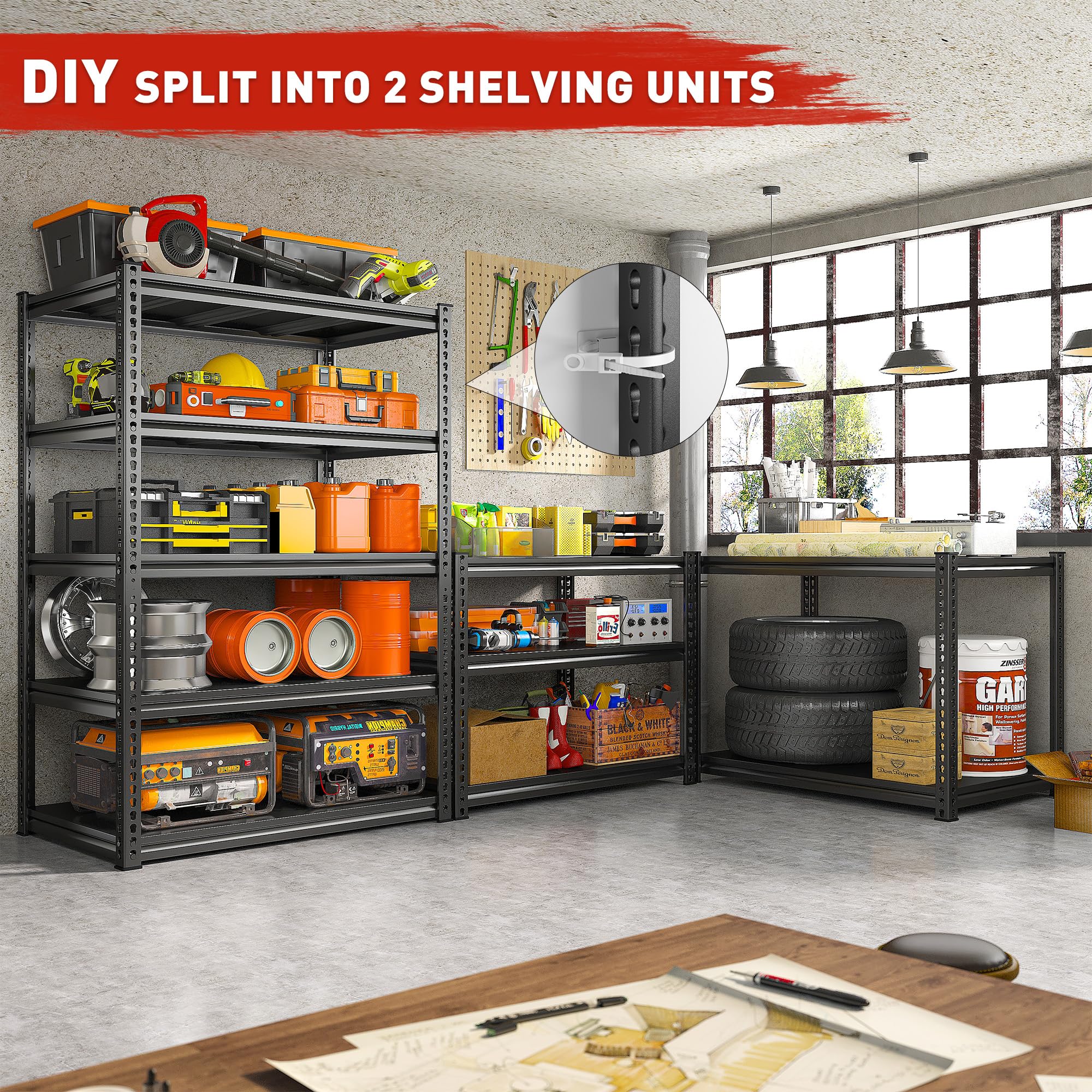 REIBII 72"H Garage Shelving Load 2500 Lbs Garage Storage Shelves Heavy Duty Shelving 5-Tier Adjustable Garage Shelves Sturdy Metal Shelves for Storage Garage Shelf Industrial Shelving 72"H x36"W x18"D
