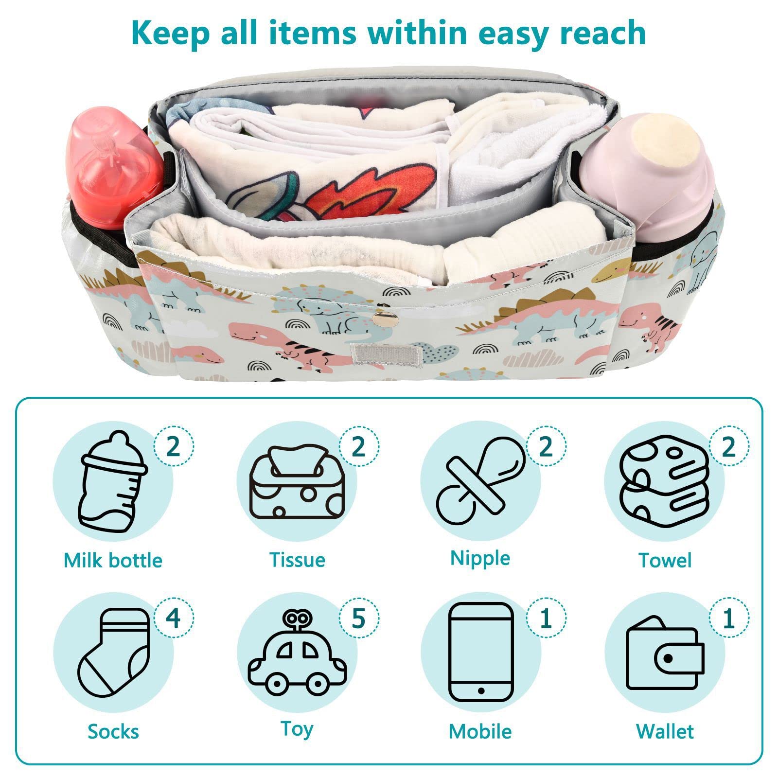 Kigai Cute Pink Dinosaurs Baby Stroller Organizer with Cup Holders, Secure Hooks Accessories Adjustable Strap Stroller Bag for Bottle, Diaper, Phone, Toys, Baby Items